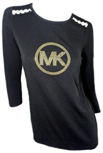 Michael Kors Womens Black 3/4 Sleeve Cotton Shirt Gold MK Studded Logo
